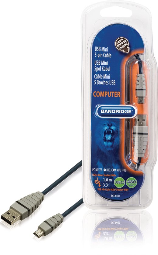 Bandridge USB 2.0 A Male naar USB 2.0 Mini Male - 1 m | bol