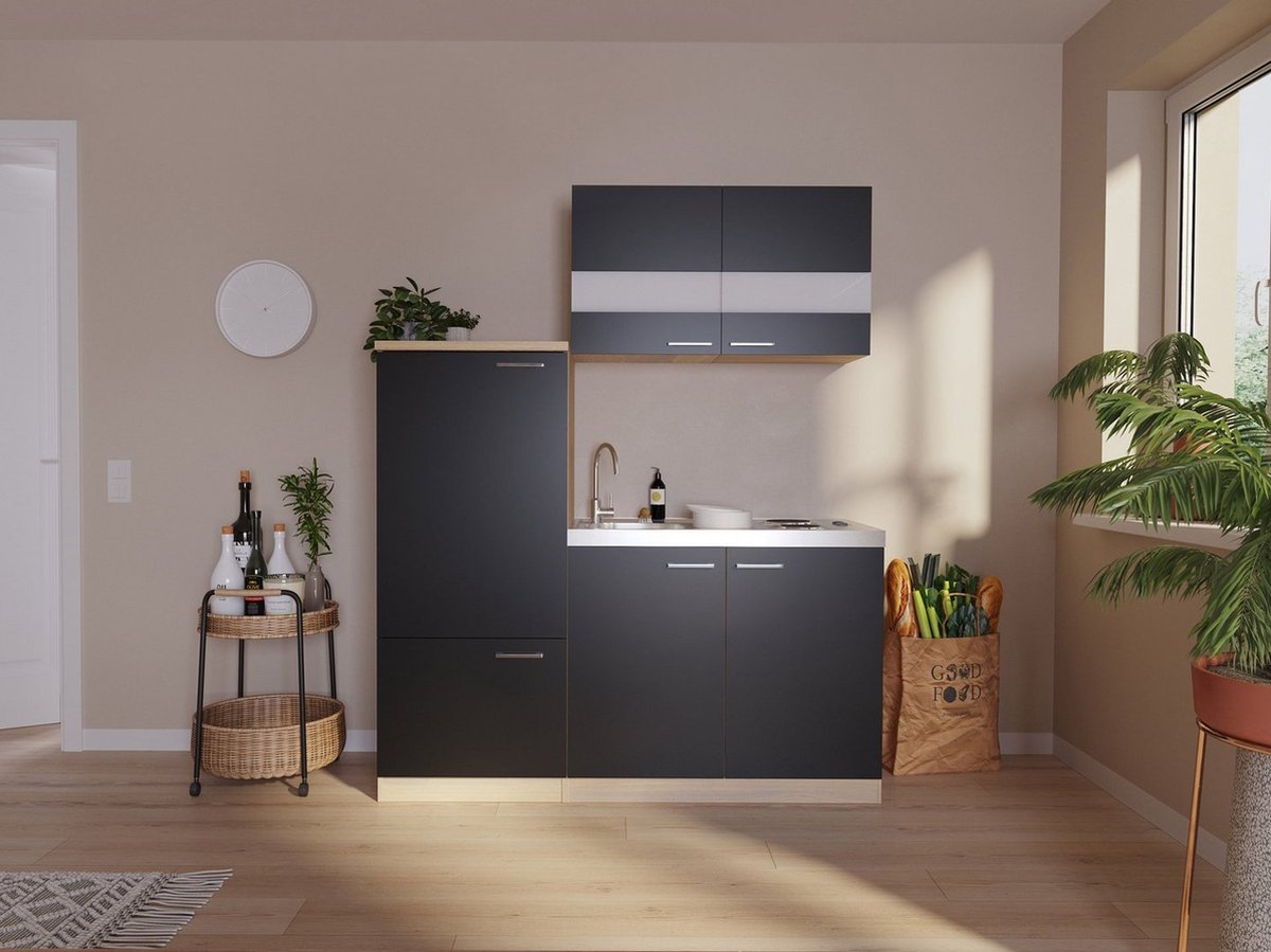 Keukenblok 160 cm - complete kleine keuken met apparatuur - Zwart ...