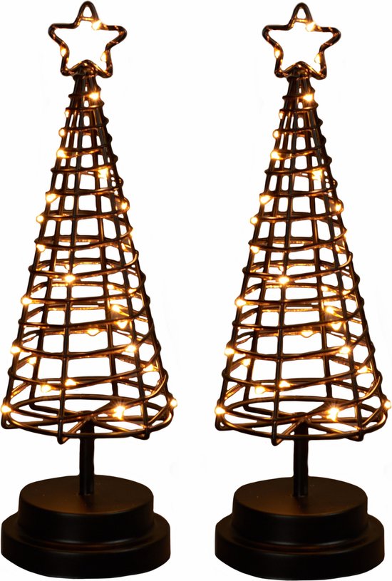 2x stuks verlichte figuren zwarte 3D lichtboompje/metalen boom/kerstboompje met 30 led... | bol