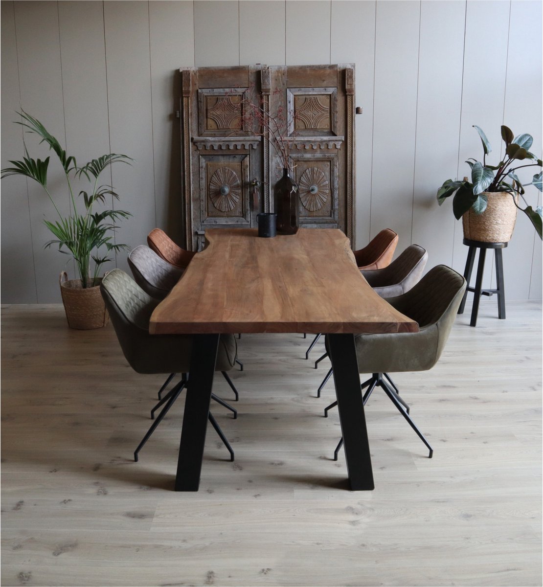 Old Inn - Table Tronc d'Arbre Acacia Marron 220x100cm avec Pied Trapèze ...