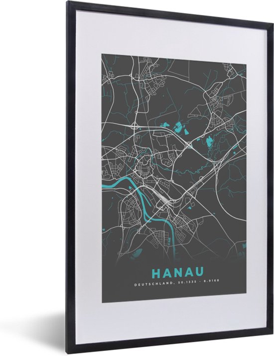 Fotolijst incl. Poster - Hanau – Stadskaart – Blauw – Plattegrond ...