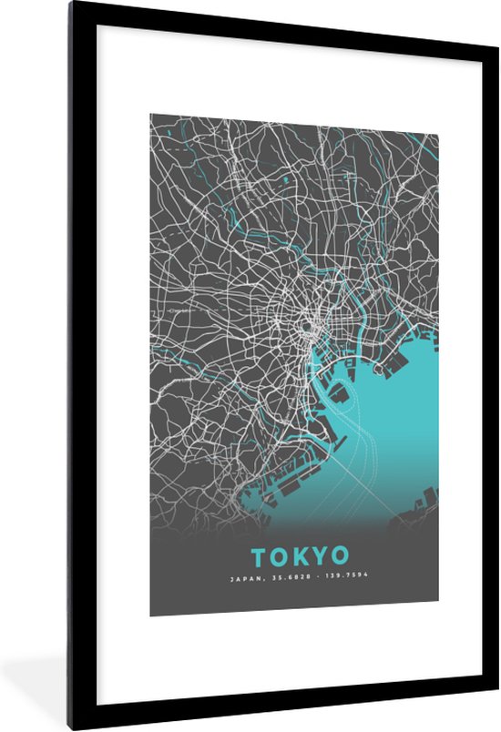 Fotolijst incl. Poster - Tokyo - Stadskaart - Blauw - Plattegrond ...