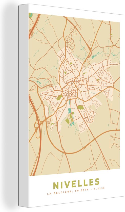 Canvas Schilderij Vintage - Nivelles - Kaart - Plattegrond - Stadskaart ...