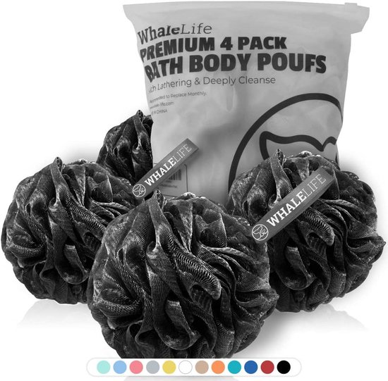 Douchepoef 4-pack zwart groot ronde PE-poefs voor zachte exfoliatie | bol