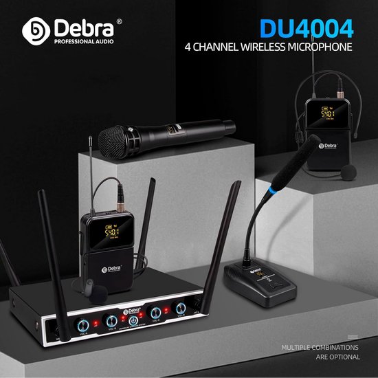 UHF Draadloos Microfoonsysteem met 4 Kanalen: Headset, Lavalier en ...