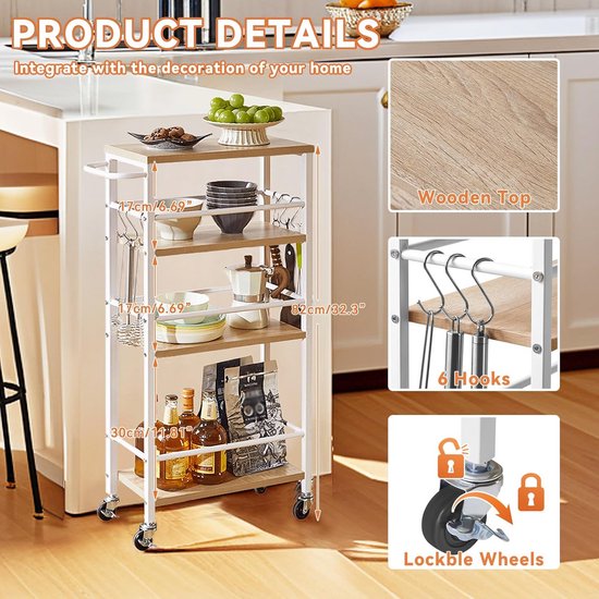 Stevige Metalen Rolkar met 4 Etages en Houten Werkblad - Compact ...