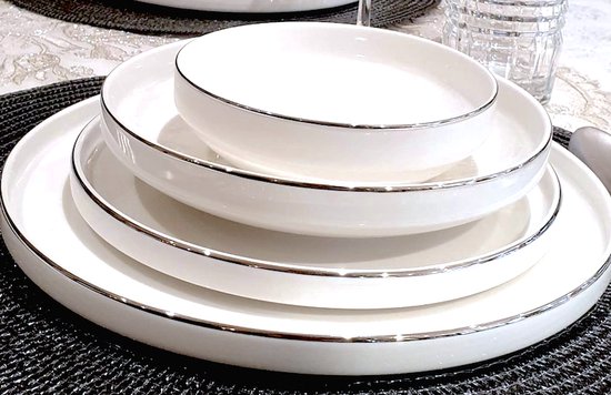 Selinex porselein serviesset wit met zilveren rand 6 persoons, 25-delig ...