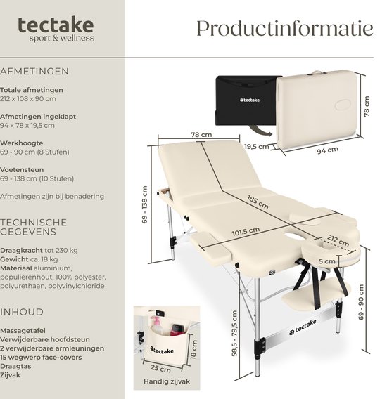 tectake® 3 Zones massagetafel - Behandeltafel incl. draagtas - 5 cm ...