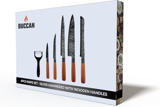 Buccan Cooking - 6-Delige Messenset Zilver Gehamerd met Houten ...