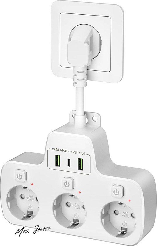 Mrs. Jones Premium Stekkerdoos met USB - 3-voudig - USB C - Wandmontage ...