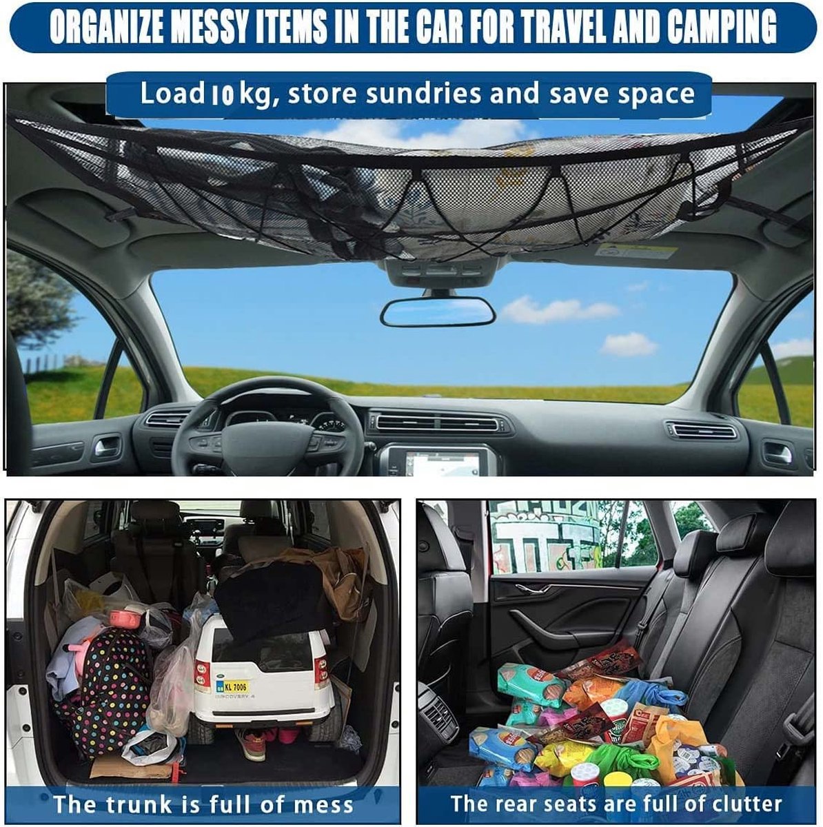 Bagagenet voor in de auto, 90 x 65 cm, voor het opbergen van bagagenet ...