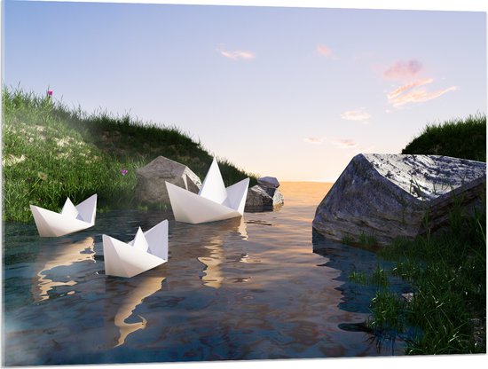 Acrylglas - Witte Papieren Origami Bootjes Drijvend op Sloot in ...