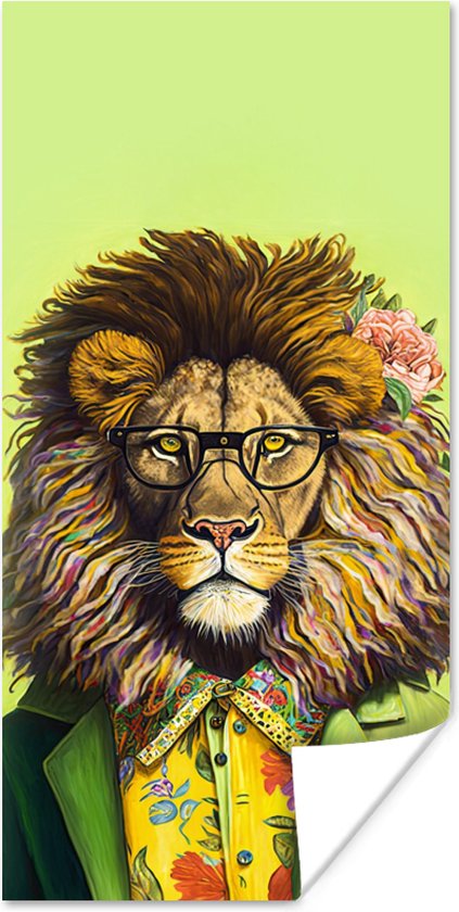 Poster Leeuw - Man - Dier - Bril - Bloemen - 60x120 cm | bol