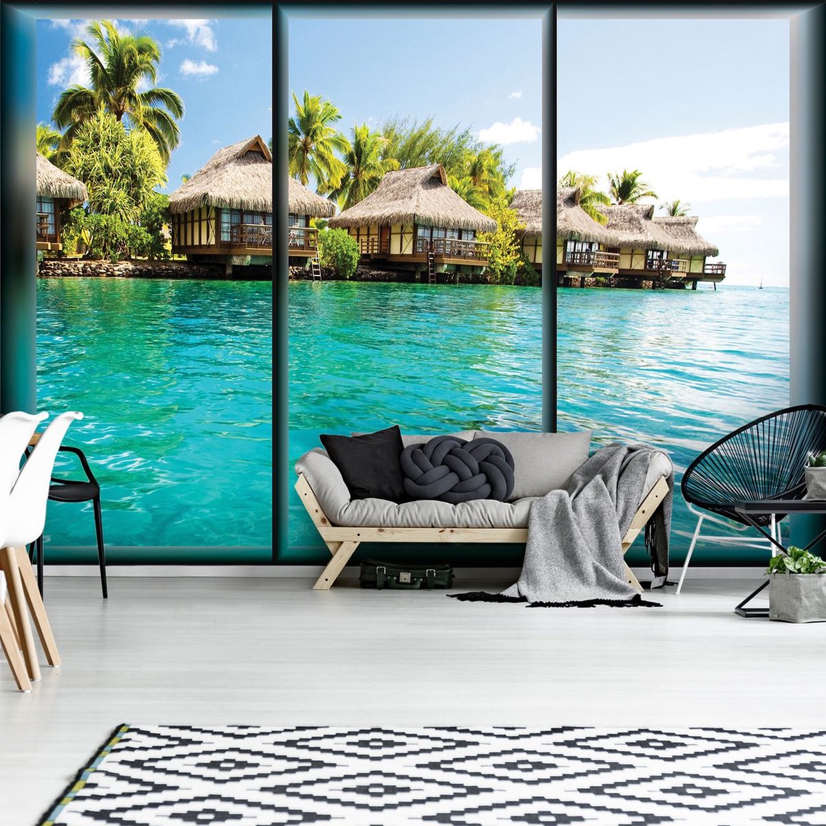 Fotobehang - Vlies Behang - Malediven 3D Raamzicht - 254 x 184 cm | bol.com