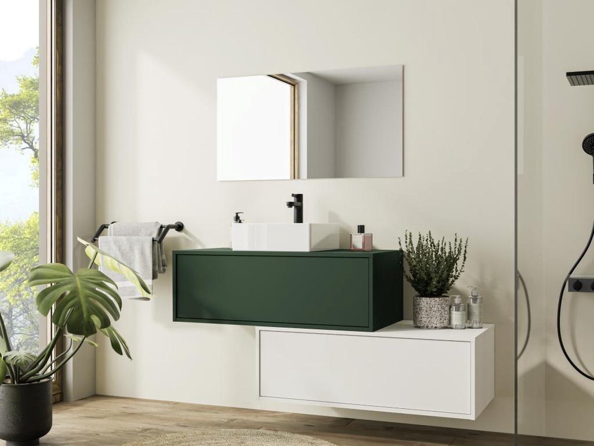 Hangend badkamermeubel groen en wit met enkele wastafel en twee lades ...