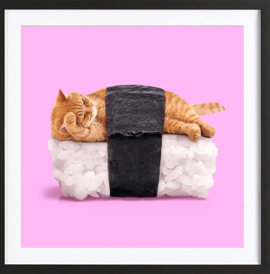 JUNIQE - Poster in premium houten lijst Sushi Cat -50x50 /Oranje & | bol