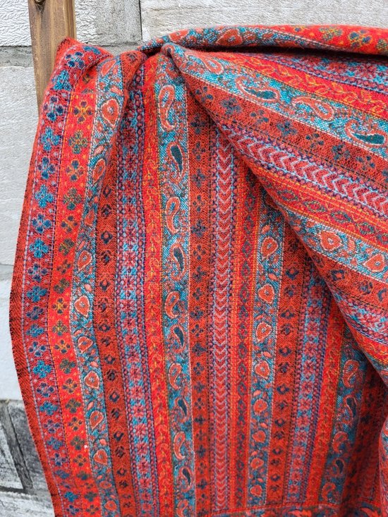 Nepal Omslagdoek Plaid Sjaal Yak Wol/Acryl (200 x 100 cm) Rood/Turqoise ...