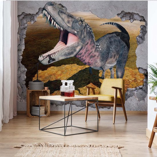 Fotobehang - Vlies Behang - 3D Dinosaurus uit de Muur - Dino - 416 x ...