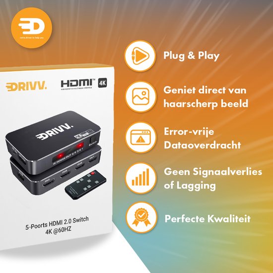 Drivv. HDMI Switch 4K 60Hz – 5 ingangen 1 uitgang - Incl ...