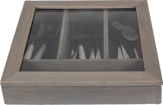 Clayre & Eef Bestekbak 30x30x8 cm Grijs Hout Glas Vierkant Bestekhouder ...