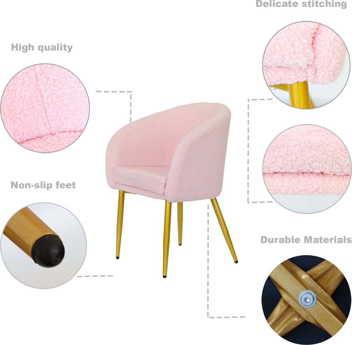 Lina Teddy eetkamerstoel Roze - Set van 2 - Goude metalen poten ...