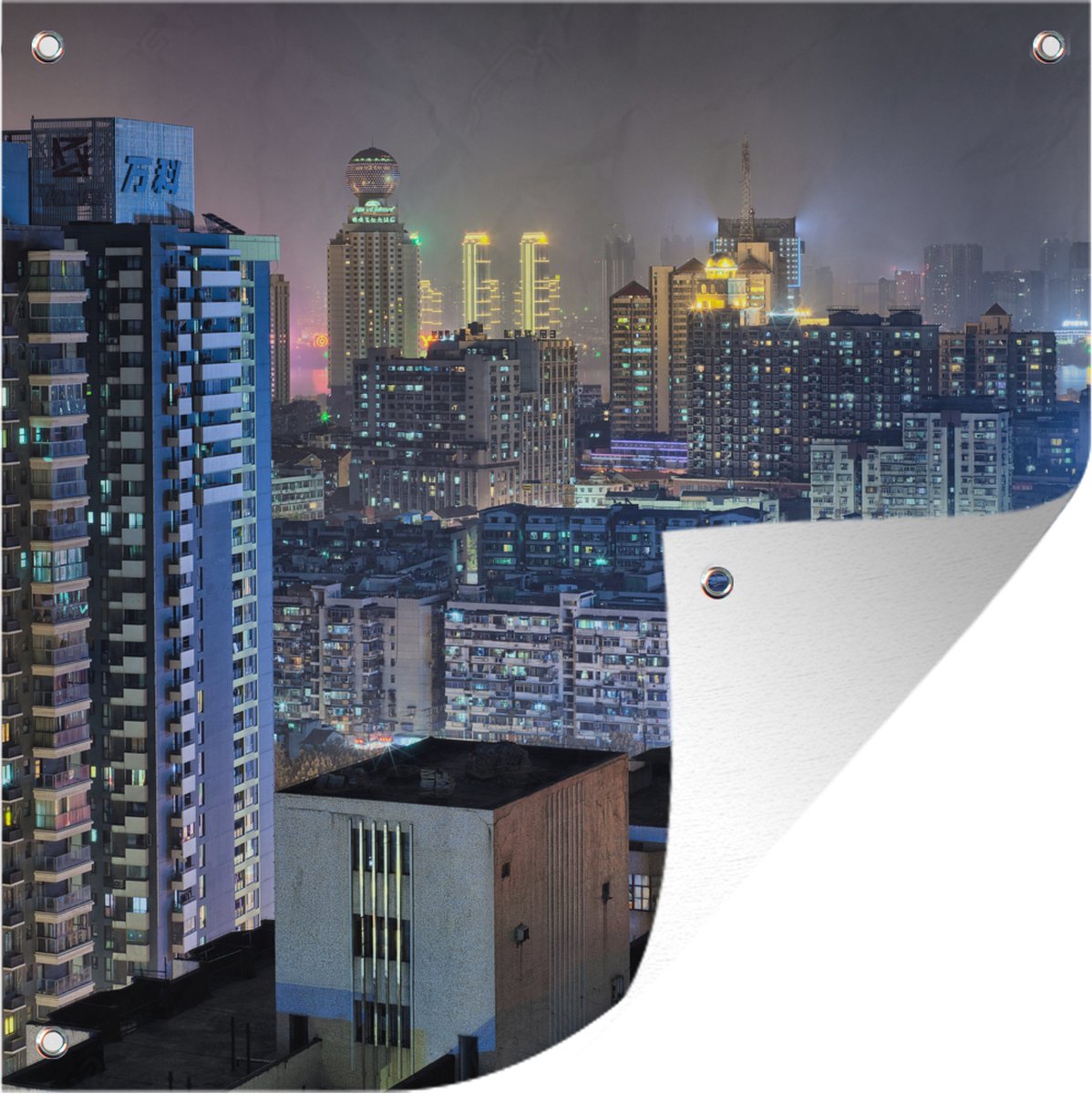 Tuindoek Blauw gekleurde gebouwen dicht op elkaar in Wuhan - 100x100 cm ...