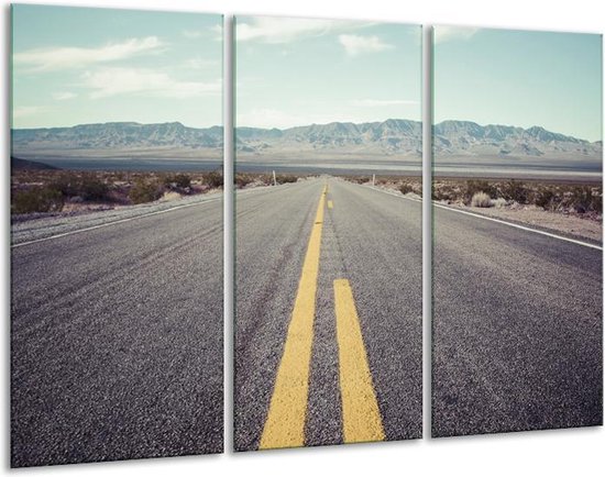 Glasschilderij Weg, Natuur - Grijs, Bruin, Geel - 120x80cm 3Luik - Foto ...