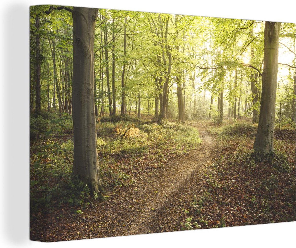Canvas Schilderij Bos - Pad - Zonsopgang - 90x60 cm - Wanddecoratie ...