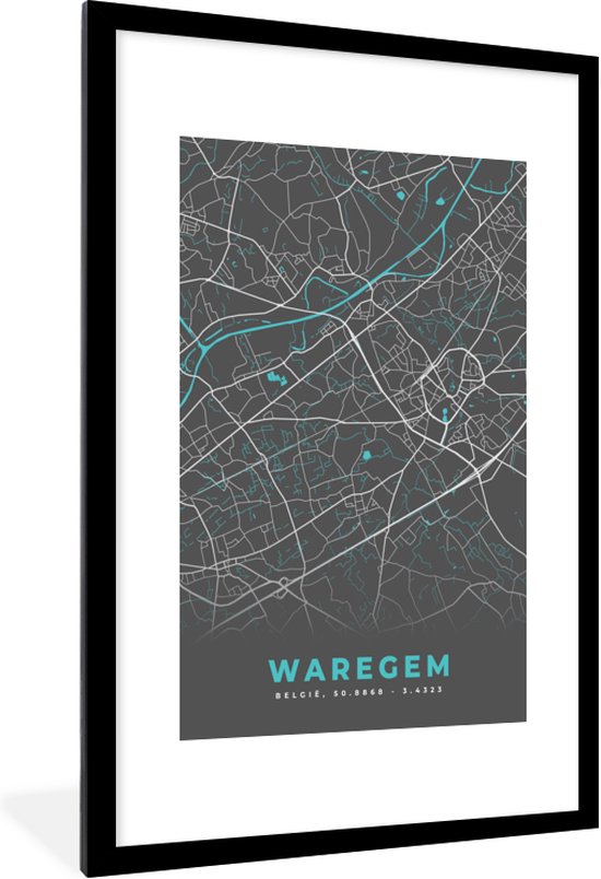 Fotolijst incl. Poster - België – Waregem – Stadskaart – Kaart – Blauw ...
