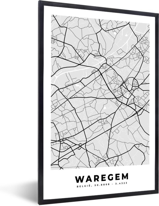Fotolijst incl. Poster Zwart Wit- België – Waregem – Stadskaart – Kaart ...