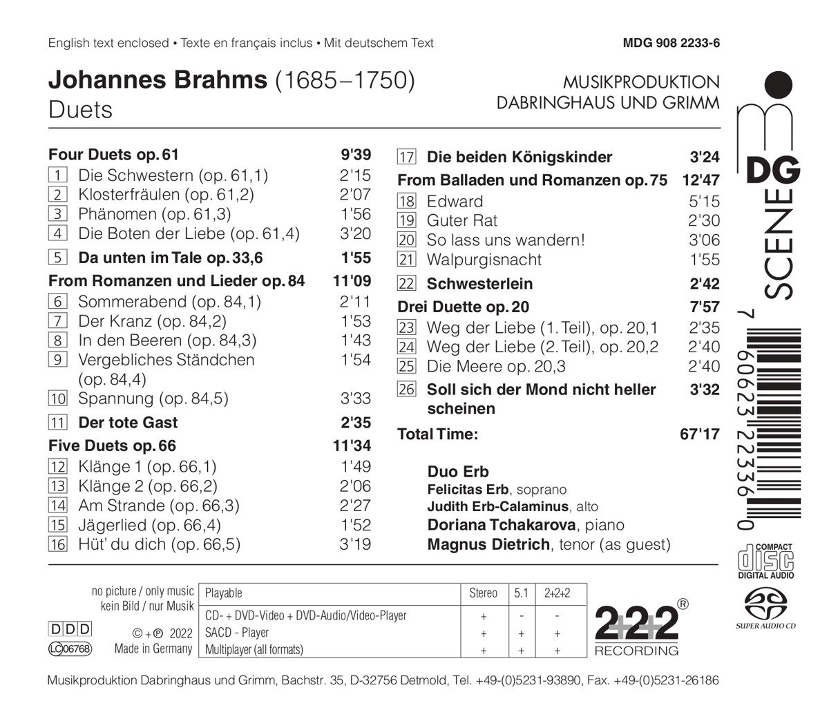 Felicitas Erb, Judith Erb, Magnus Dietrich - Brahmms: Duets And ...