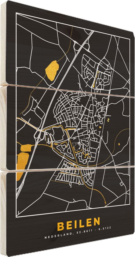 Wanddecoratie hout - Beilen - Black and Gold - Stadskaart - Plattegrond ...