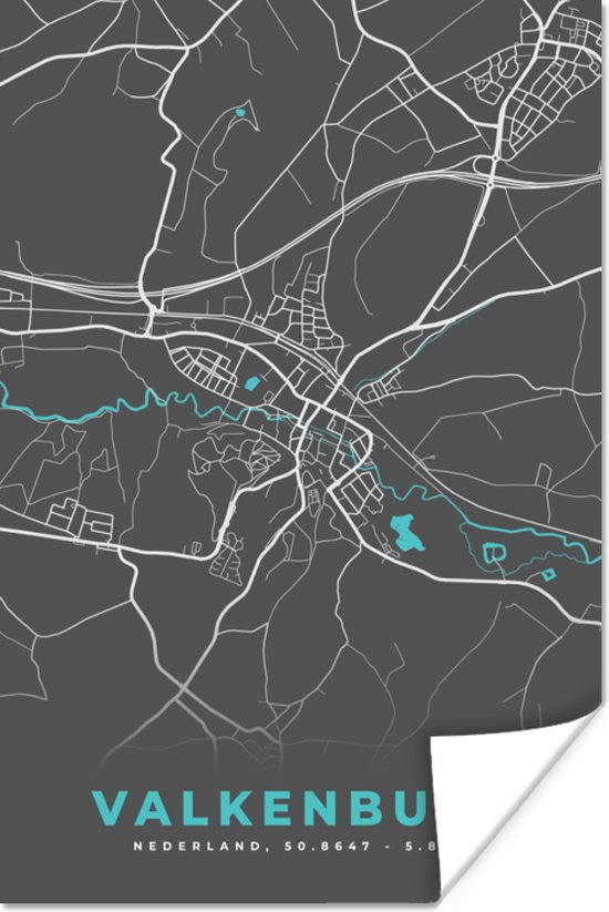Poster Valkenburg - Plattegrond - Stadskaart - Kaart - Blauw - 20x30 cm ...