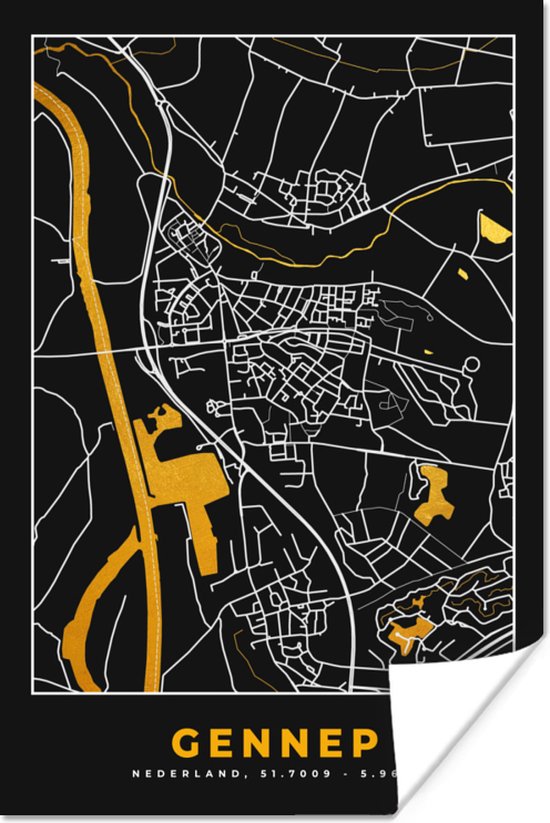Poster Gennep - Stadskaart - Black and Gold - Plattegrond - Kaart ...