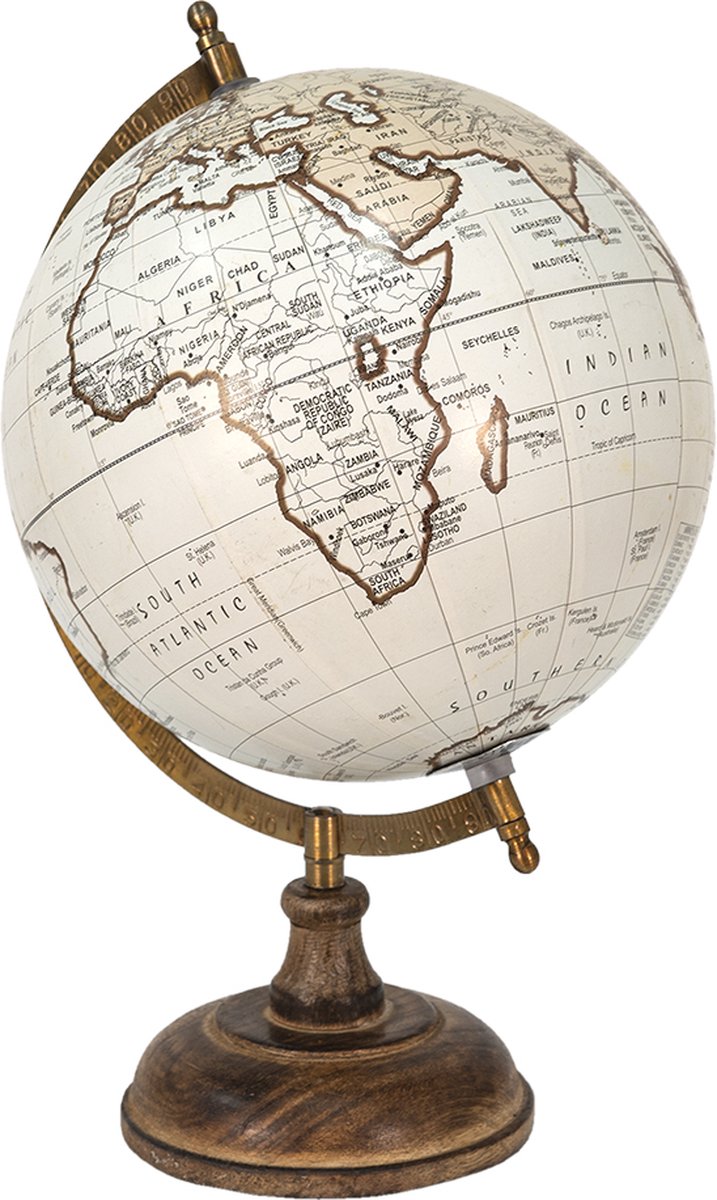 Clayre & Eef Wereldbol 22x33 cm Bruin Beige Hout Metaal Globe Aardbol ...