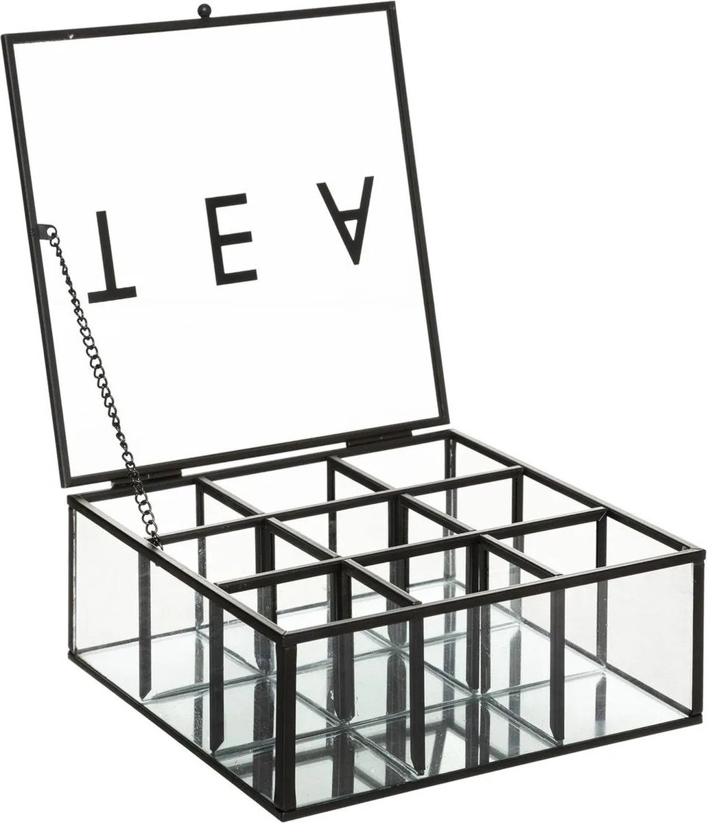 Theedoos/theekist industrieel zwart 9-vaks 18,5 x 17,5 cm van glas ...