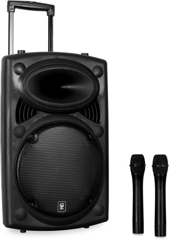Qtx QR12PA Mobiele PA Luidspreker Box Accu Trolley USB/SD/VHF 600W | bol