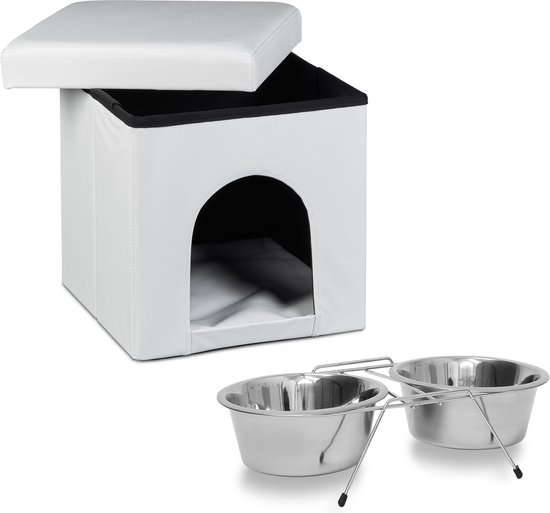 Relaxdays 2er Home Sweet hond set - hondenmand - witte poef ...