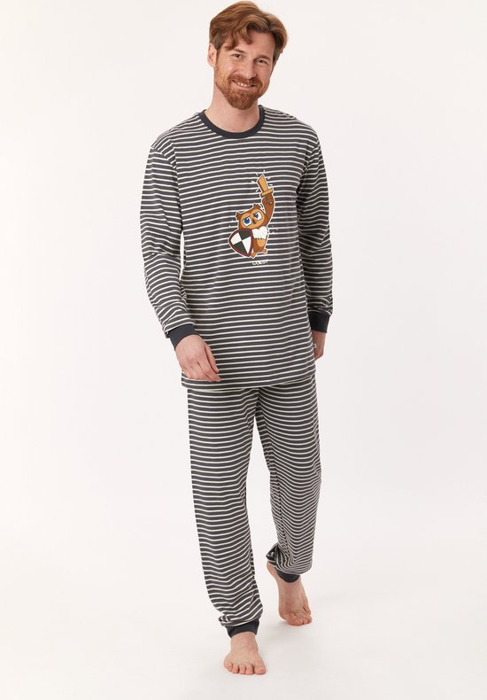 Woody pyjama jongens/heren - antraciet-gebroken wit gestreept - uil ...