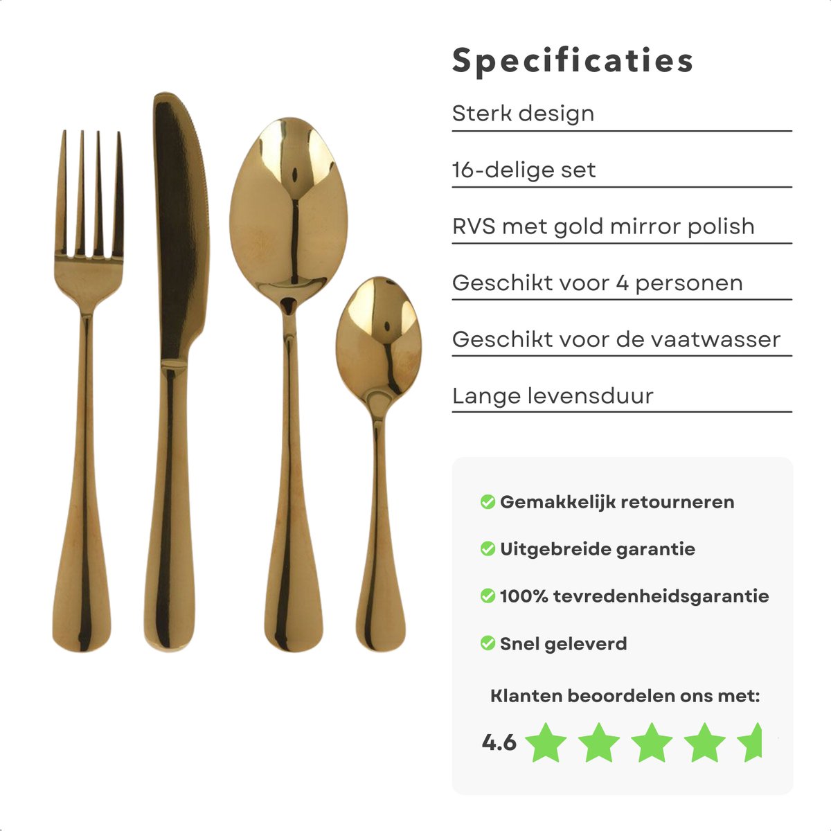Cheqo® Luxe Gouden Bestekset - RVS - Mirror Polish Goud - 16 Delig ...