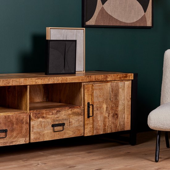 TV Meubel - Televisiekast - Industrieel - Mangohout - Zwart Stalen ...