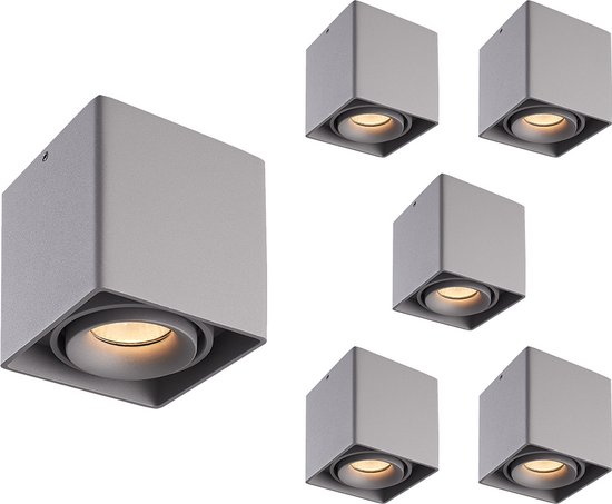 6x Dimbare LED opbouw plafondspot Esto Grijs incl. GU10 spot 5W 2700K ...