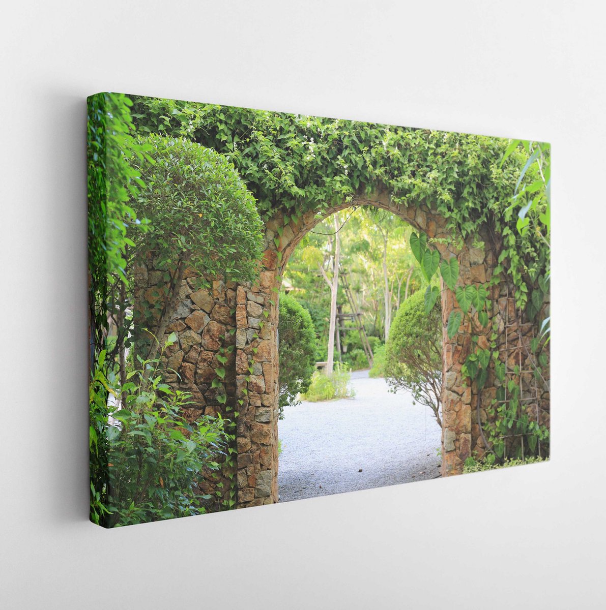 Portail d'entrée avec arche en pierre recouverte de lierre. Porte du ...