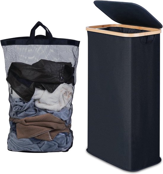 Slanke Wasmand met Deksel - 63 Liter - Zwart - Opvouwbaar | bol