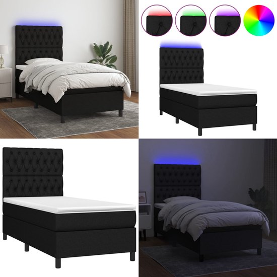 vidaXL Boxspring met matras en LED stof zwart 90x190 cm - Boxspring ...