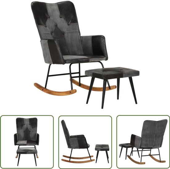 vidaXL Schommelstoel - Echt Leer - Met Voetenbank - Zwart Schommelstoel - Leren Stoel... | bol