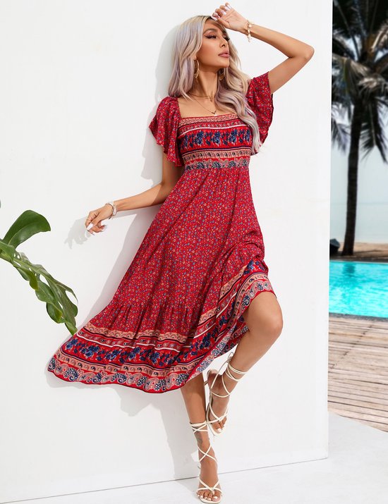 Dames Zomerjurk Boho Korte Mouw Maxi Jurken Gesmokte Strandjurk Lange Bloemenjurk... | bol
