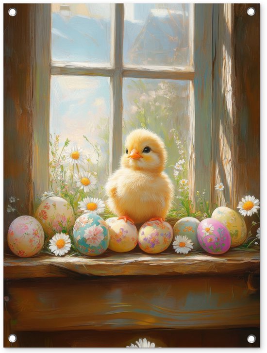Tuinposter 60x80 cm - Tuindecoratie Kuiken - Raam - Paaseieren - Poster ...