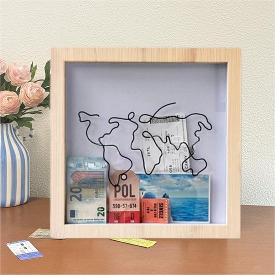 Spaarpot & Ticket Box – Houten Wereldkaart – 20×20×4,5 cm | bol