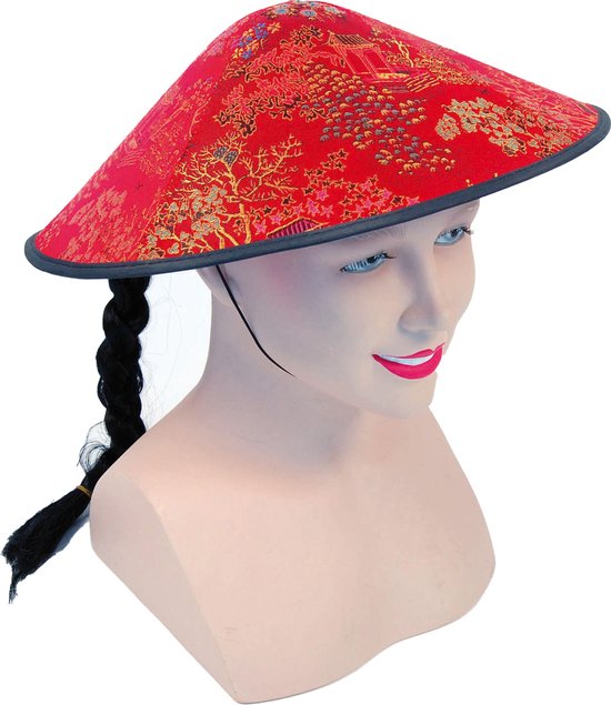 Chinese koelie hoed - rood - met vlecht - volwassenen - verkleed ...